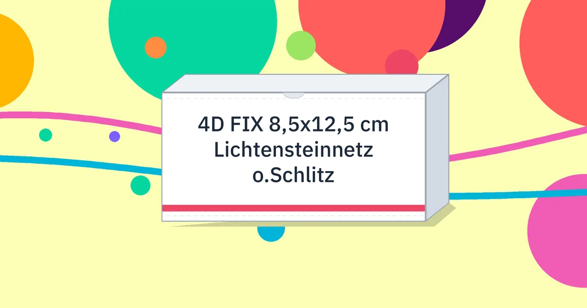Symbolbild: Packung mit der Aufschrift 4D FIX 8,5x12,5 cm Lichtensteinnetz o.Schlitz (PZN 20581513) – Verfügbarkeit und Bezug in Apotheken in Frankfurt am Main