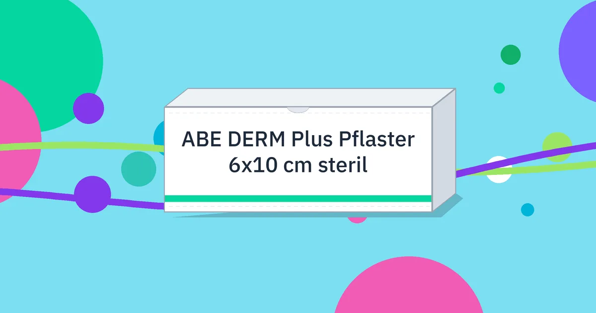 Symbolbild: Packung mit der Aufschrift ABE DERM Plus Pflaster 6x10 cm steril (PZN 04589923) – Verfügbarkeit und Bezug in Apotheken in Frankfurt am Main