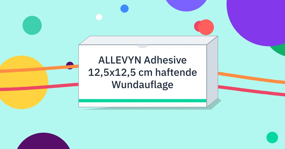 Symbolbild: Packung mit der Aufschrift ALLEVYN Adhesive 12,5x12,5 cm haftende Wundauflage (PZN 05868720) – Verfügbarkeit und Bezug in Apotheken in Frankfurt am Main