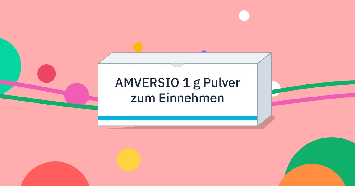 Symbolbild: Packung mit der Aufschrift AMVERSIO 1 g Pulver zum Einnehmen (PZN 18228399) – Verfügbarkeit und Bezug in Apotheken in Frankfurt am Main