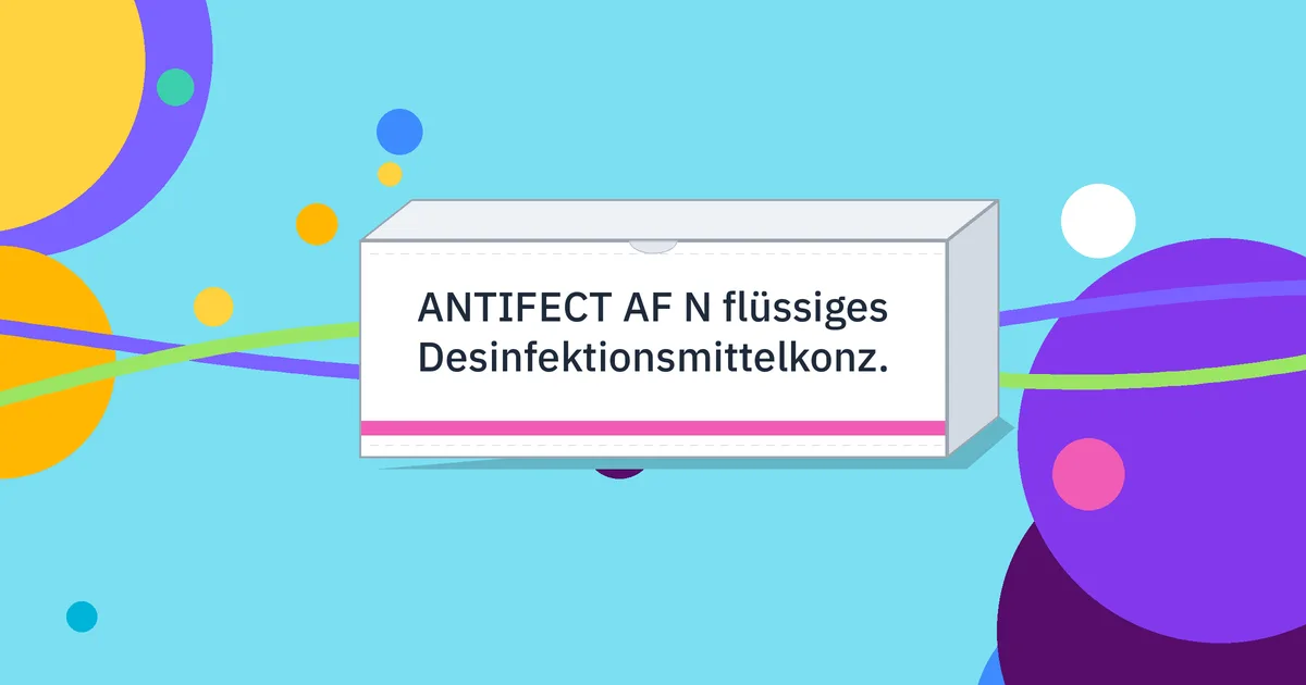 Symbolbild: Packung mit der Aufschrift ANTIFECT AF N flüssiges Desinfektionsmittelkonz. (PZN 02706218) – Verfügbarkeit und Bezug in Apotheken in Frankfurt am Main