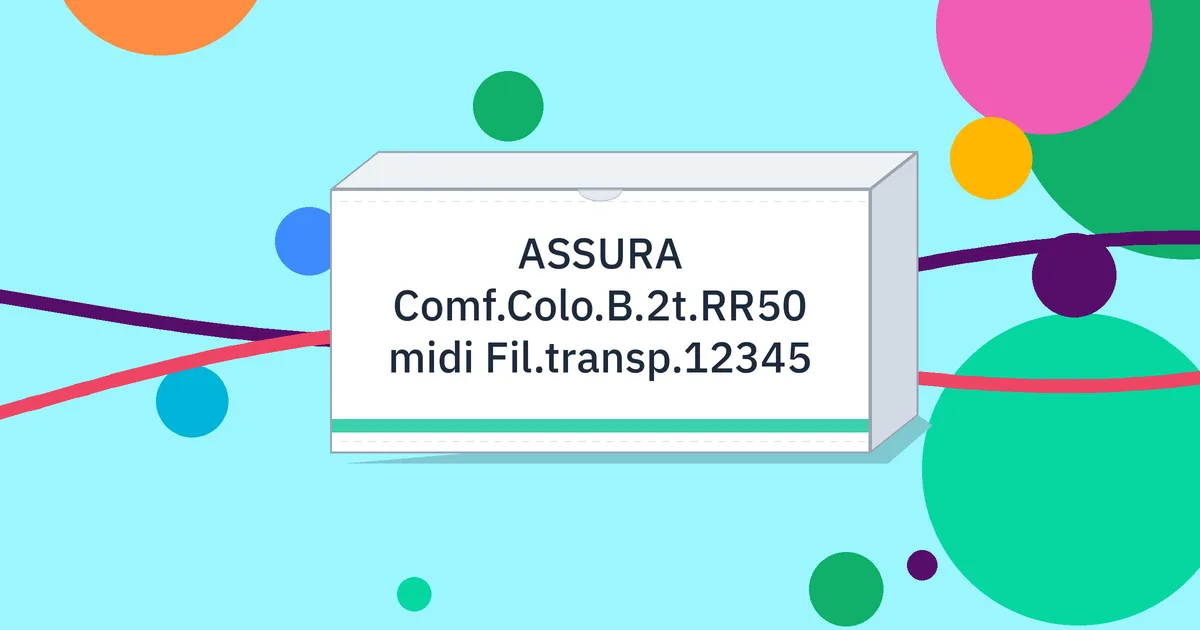 Symbolbild: Packung mit der Aufschrift ASSURA Comf.Colo.B.2t.RR50 midi Fil.transp.12345 (PZN 00741920) – Verfügbarkeit und Bezug in Apotheken in Frankfurt am Main