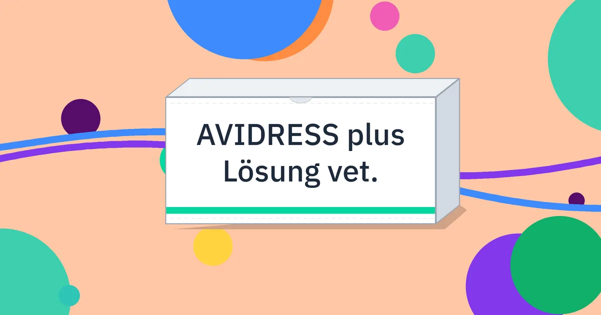 Symbolbild: Packung mit der Aufschrift AVIDRESS plus Lösung vet. (PZN 04845131) – Verfügbarkeit und Bezug in Apotheken in Frankfurt am Main