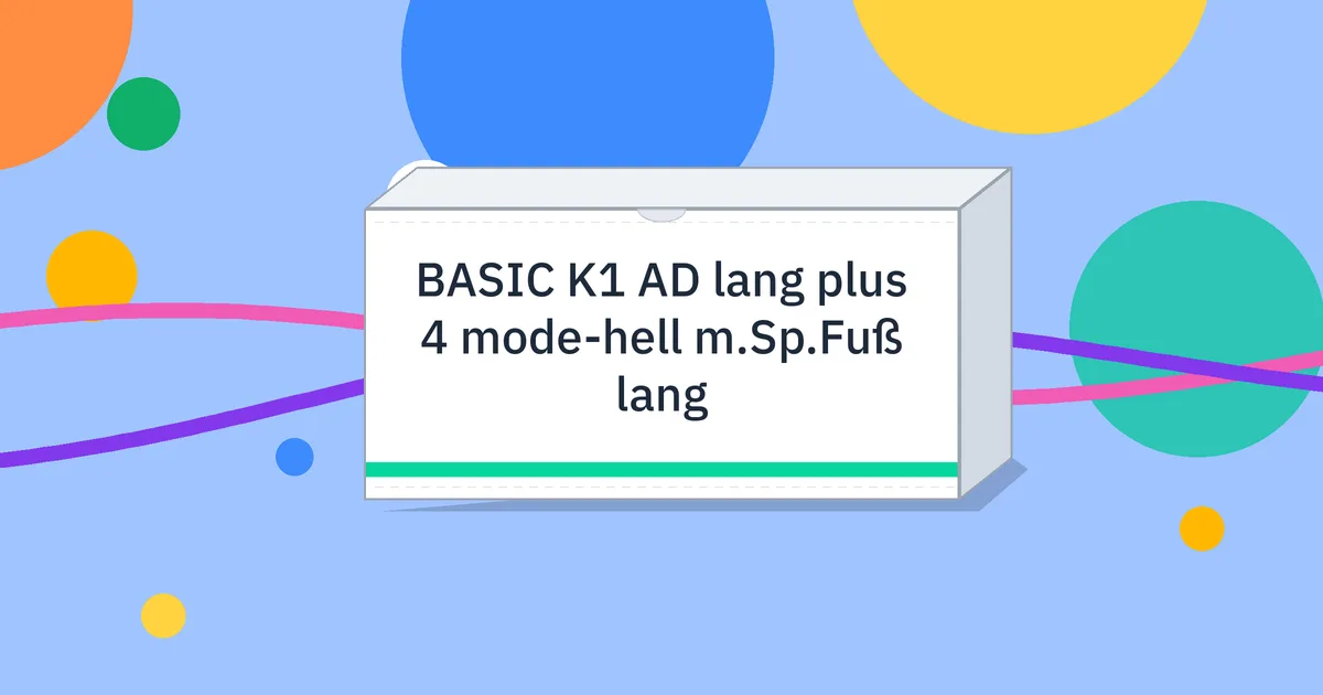 Symbolbild: Packung mit der Aufschrift BASIC K1 AD lang plus 4 mode-hell m.Sp.Fuß lang (PZN 20258404) – Verfügbarkeit und Bezug in Apotheken in Frankfurt am Main