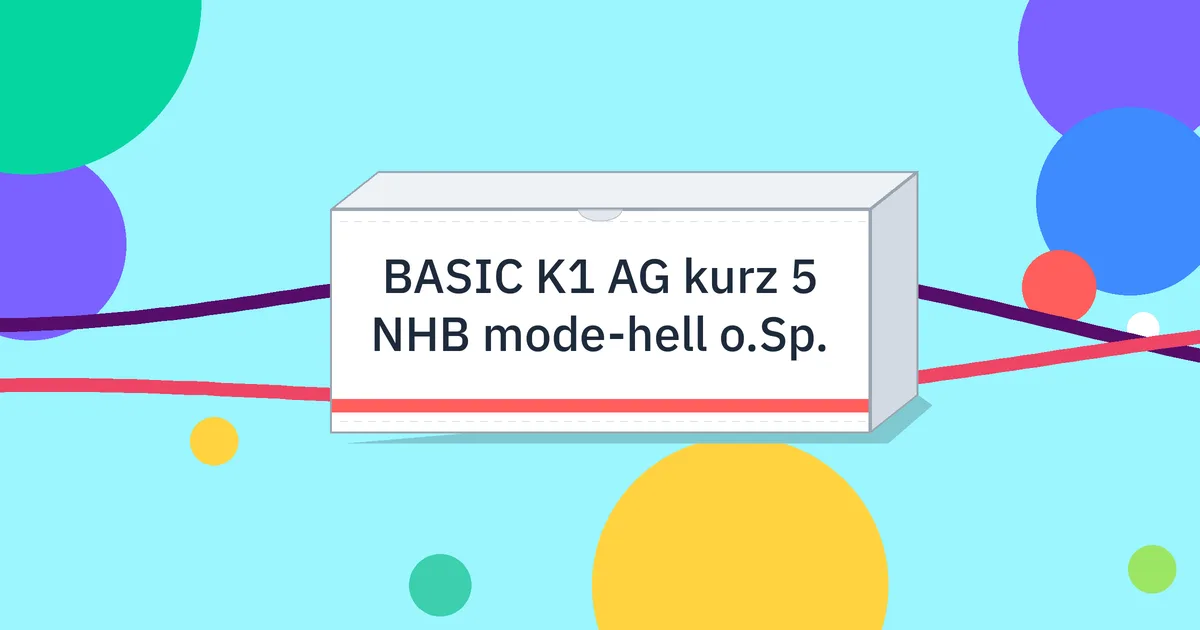 Symbolbild: Packung mit der Aufschrift BASIC K1 AG kurz 5 NHB mode-hell o.Sp. (PZN 20261369) – Verfügbarkeit und Bezug in Apotheken in Frankfurt am Main