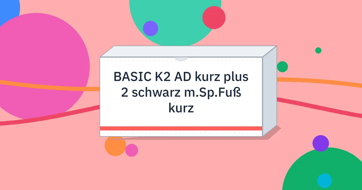 Symbolbild: Packung mit der Aufschrift BASIC K2 AD kurz plus 2 schwarz m.Sp.Fuß kurz (PZN 20263931) – Verfügbarkeit und Bezug in Apotheken in Frankfurt am Main