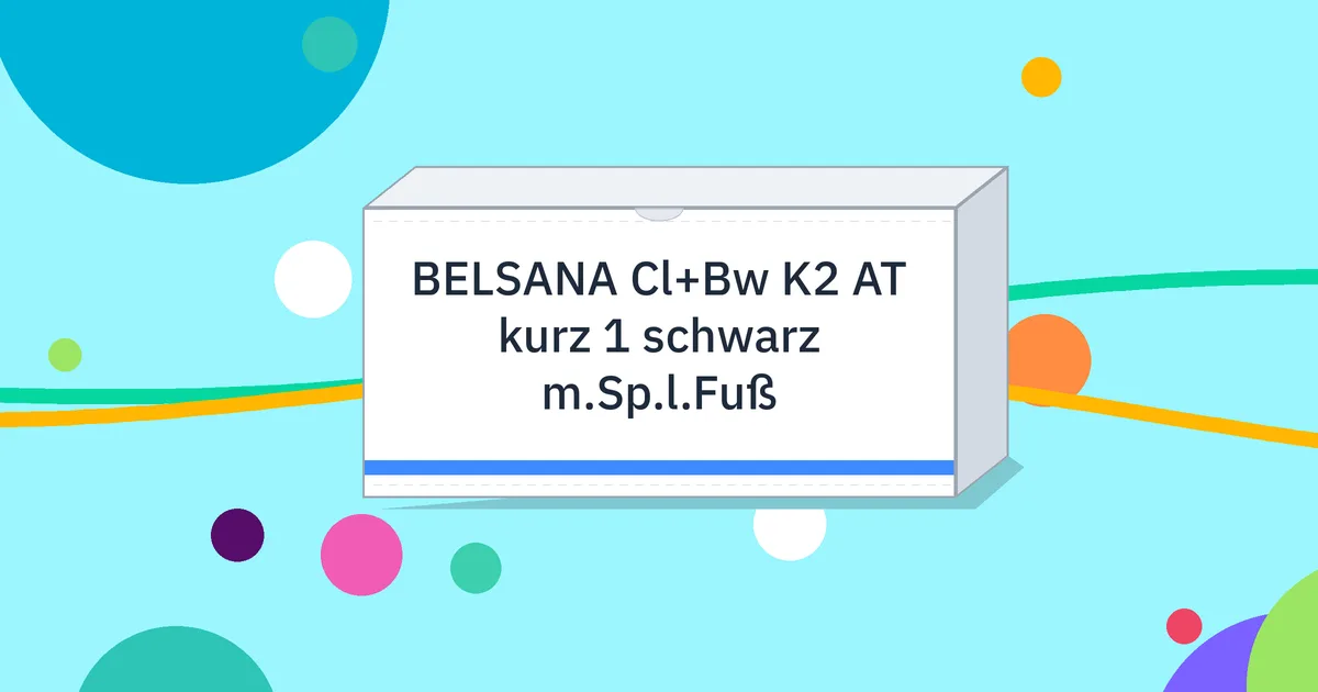 Symbolbild: Packung mit der Aufschrift BELSANA Cl+Bw K2 AT kurz 1 schwarz m.Sp.l.Fuß (PZN 12248981) – Verfügbarkeit und Bezug in Apotheken in Frankfurt am Main