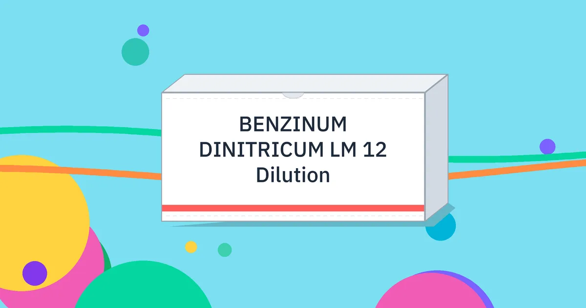 Symbolbild: Packung mit der Aufschrift BENZINUM DINITRICUM LM 12 Dilution (PZN 13382204) – Verfügbarkeit und Bezug in Apotheken in Frankfurt am Main