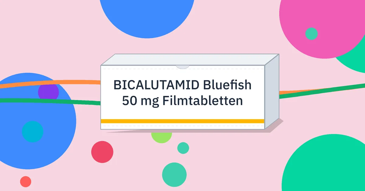Symbolbild: Packung mit der Aufschrift BICALUTAMID Bluefish 50 mg Filmtabletten (PZN 18352484) – Verfügbarkeit und Bezug in Apotheken in Frankfurt am Main