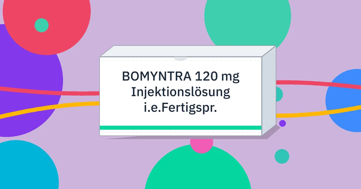 Symbolbild: Packung mit der Aufschrift BOMYNTRA 120 mg Injektionslösung i.e.Fertigspr. (PZN 20657854) – Verfügbarkeit und Bezug in Apotheken in Frankfurt am Main