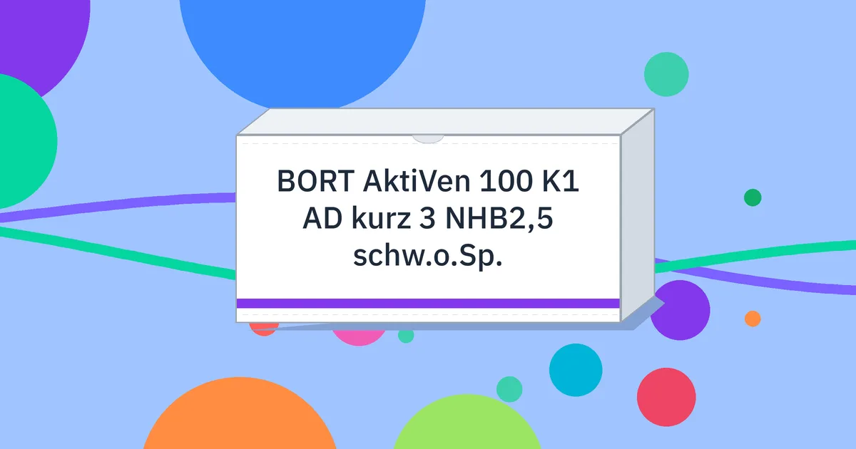 Symbolbild: Packung mit der Aufschrift BORT AktiVen 100 K1 AD kurz 3 NHB2,5 schw.o.Sp. (PZN 17502042) – Verfügbarkeit und Bezug in Apotheken in Frankfurt am Main