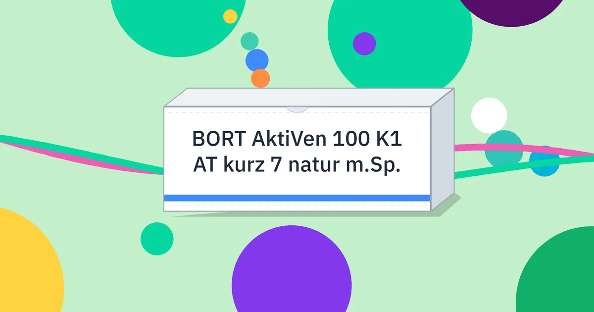 Symbolbild: Packung mit der Aufschrift BORT AktiVen 100 K1 AT kurz 7 natur m.Sp. (PZN 13736524) – Verfügbarkeit und Bezug in Apotheken in Frankfurt am Main