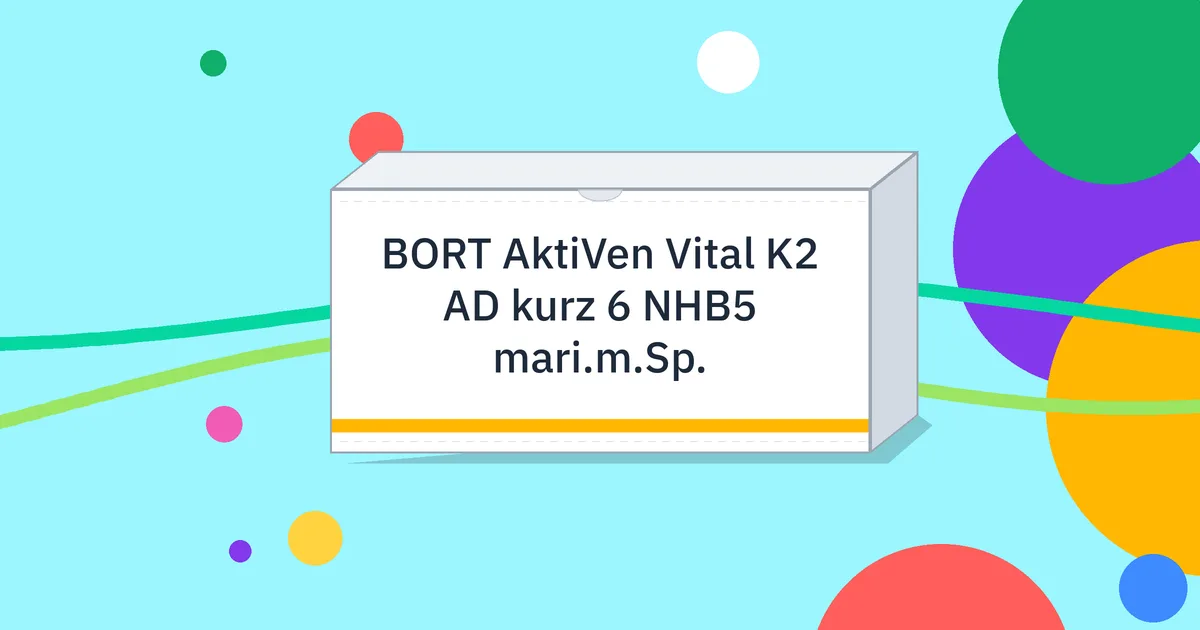 Symbolbild: Packung mit der Aufschrift BORT AktiVen Vital K2 AD kurz 6 NHB5 mari.m.Sp. (PZN 17494785) – Verfügbarkeit und Bezug in Apotheken in Frankfurt am Main