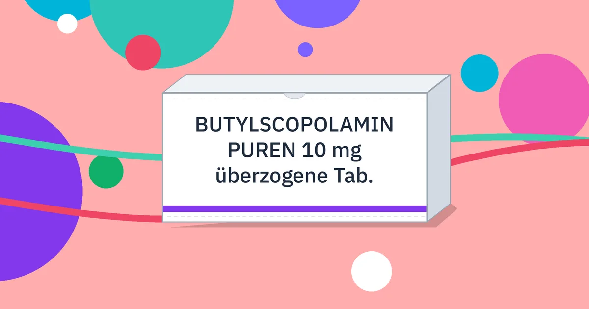 Symbolbild: Packung mit der Aufschrift BUTYLSCOPOLAMIN PUREN 10 mg überzogene Tab. (PZN 17606557) – Verfügbarkeit und Bezug in Apotheken in Frankfurt am Main