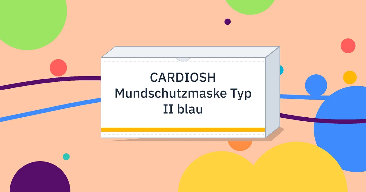 Symbolbild: Packung mit der Aufschrift CARDIOSH Mundschutzmaske Typ II blau (PZN 18262077) – Verfügbarkeit und Bezug in Apotheken in Frankfurt am Main