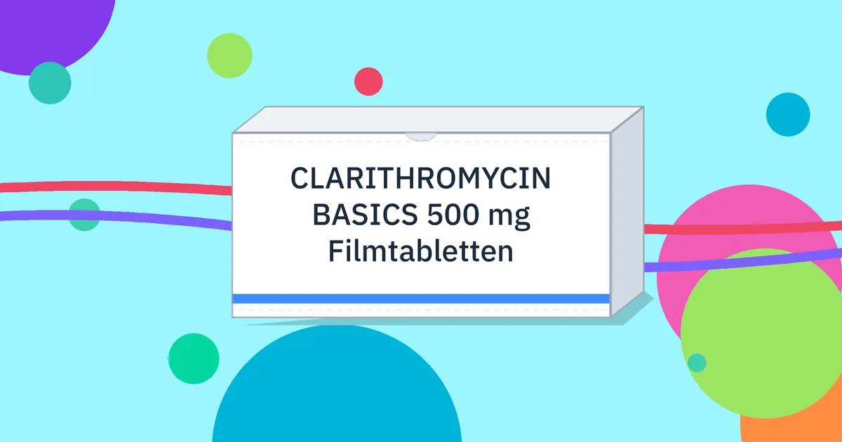 Symbolbild: Packung mit der Aufschrift CLARITHROMYCIN BASICS 500 mg Filmtabletten (PZN 03648434) – Verfügbarkeit und Bezug in Apotheken in Frankfurt am Main