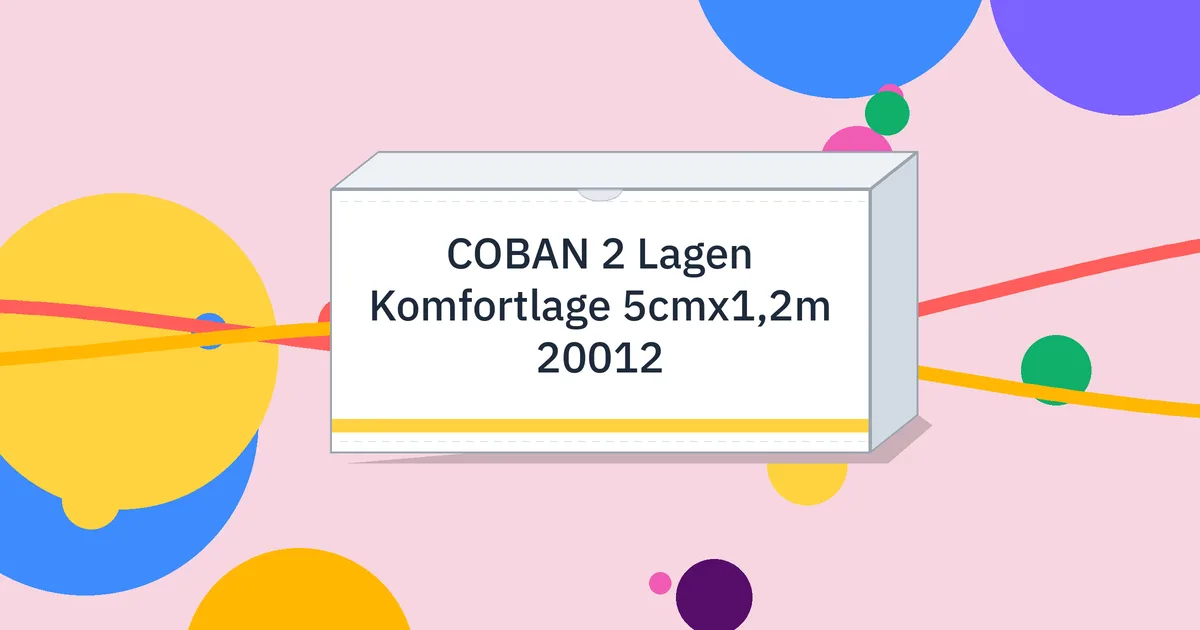 Symbolbild: Packung mit der Aufschrift COBAN 2 Lagen Komfortlage 5cmx1,2m 20012 (PZN 07418317) – Verfügbarkeit und Bezug in Apotheken in Frankfurt am Main