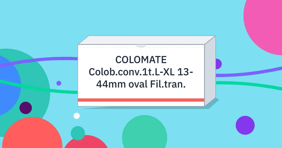 Symbolbild: Packung mit der Aufschrift COLOMATE Colob.conv.1t.L-XL 13-44mm oval Fil.tran. (PZN 10231373) – Verfügbarkeit und Bezug in Apotheken in Frankfurt am Main