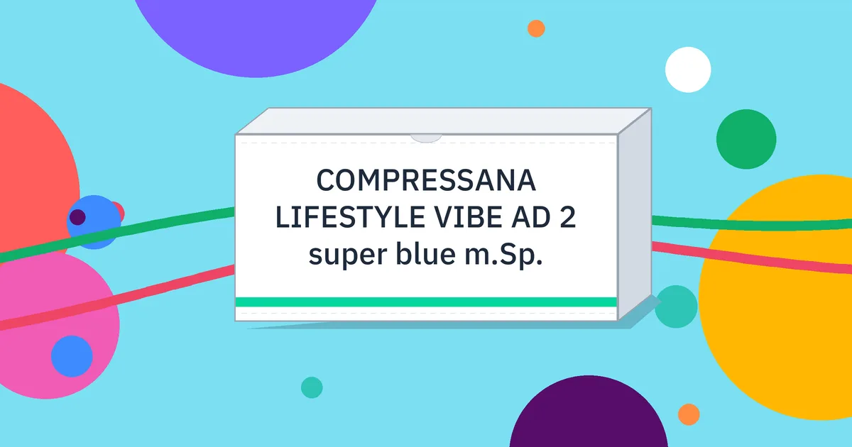 Symbolbild: Packung mit der Aufschrift COMPRESSANA LIFESTYLE VIBE AD 2 super blue m.Sp. (PZN 19151776) – Verfügbarkeit und Bezug in Apotheken in Frankfurt am Main
