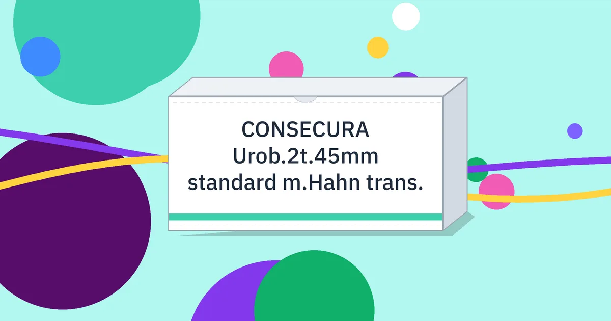 Symbolbild: Packung mit der Aufschrift CONSECURA Urob.2t.45mm standard m.Hahn trans. (PZN 00569697) – Verfügbarkeit und Bezug in Apotheken in Frankfurt am Main