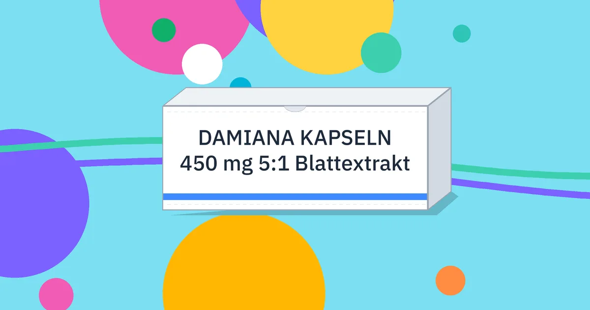 Symbolbild: Packung mit der Aufschrift DAMIANA KAPSELN 450 mg 5:1 Blattextrakt (PZN 09542702) – Verfügbarkeit und Bezug in Apotheken in Frankfurt am Main