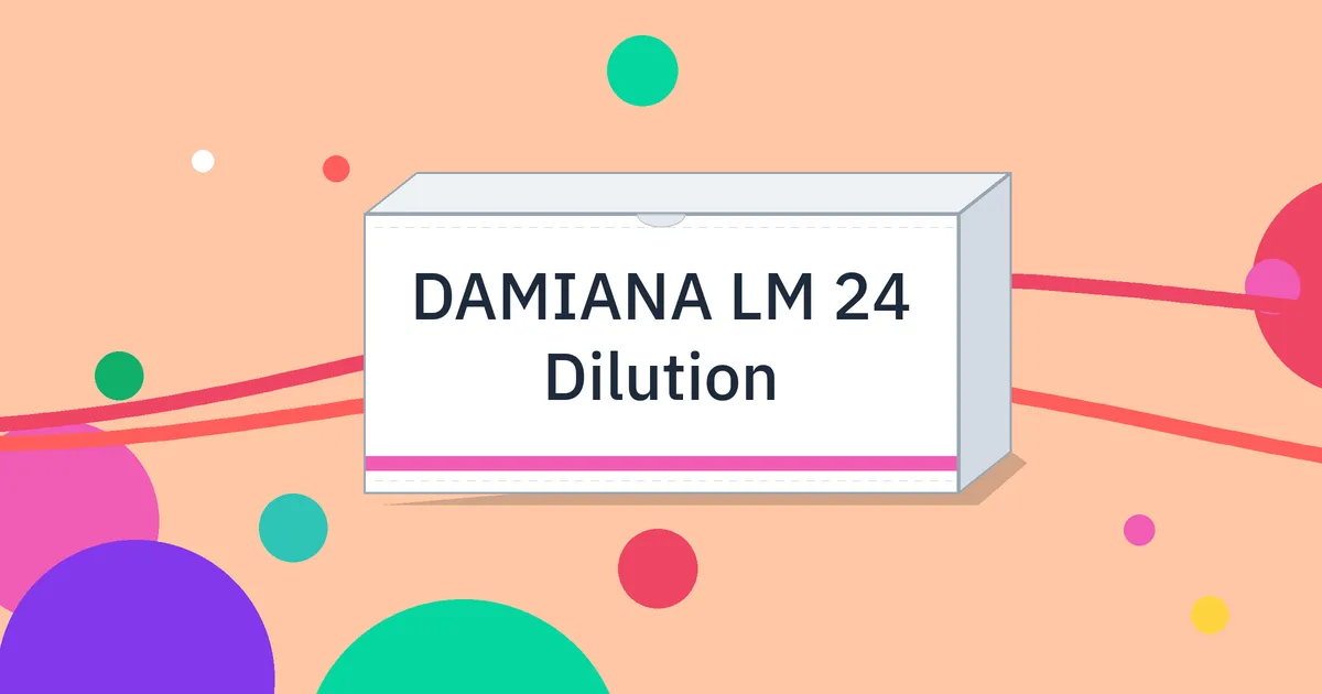 Symbolbild: Packung mit der Aufschrift DAMIANA LM 24 Dilution (PZN 13461151) – Verfügbarkeit und Bezug in Apotheken in Frankfurt am Main