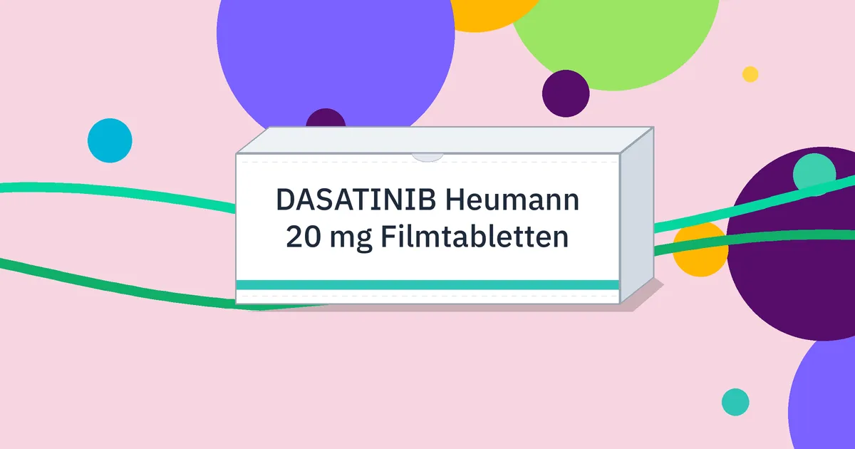 Symbolbild: Packung mit der Aufschrift DASATINIB Heumann 20 mg Filmtabletten (PZN 18066873) – Verfügbarkeit und Bezug in Apotheken in Frankfurt am Main