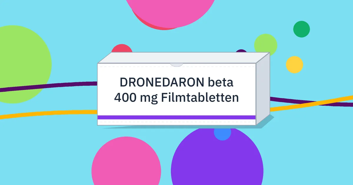 Symbolbild: Packung mit der Aufschrift DRONEDARON beta 400 mg Filmtabletten (PZN 15303657) – Verfügbarkeit und Bezug in Apotheken in Frankfurt am Main