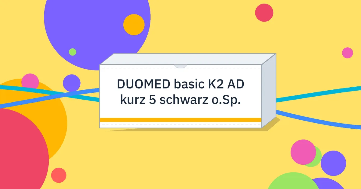 Symbolbild: Packung mit der Aufschrift DUOMED basic K2 AD kurz 5 schwarz o.Sp. (PZN 20907498) – Verfügbarkeit und Bezug in Apotheken in Frankfurt am Main