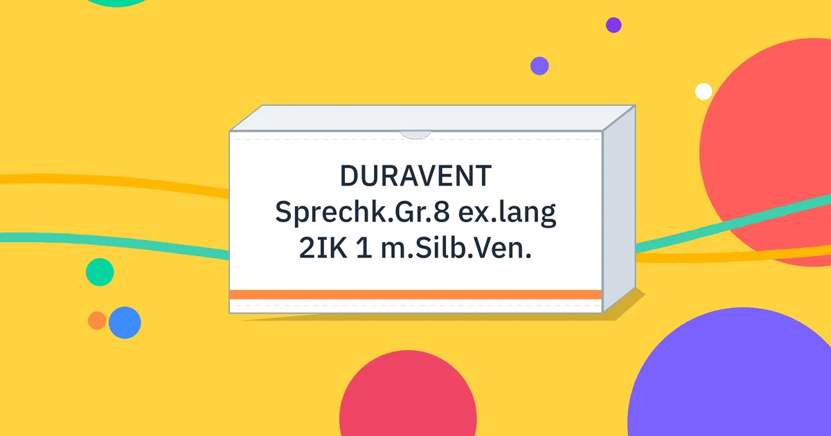 Symbolbild: Packung mit der Aufschrift DURAVENT Sprechk.Gr.8 ex.lang 2IK 1 m.Silb.Ven. (PZN 04466959) – Verfügbarkeit und Bezug in Apotheken in Frankfurt am Main