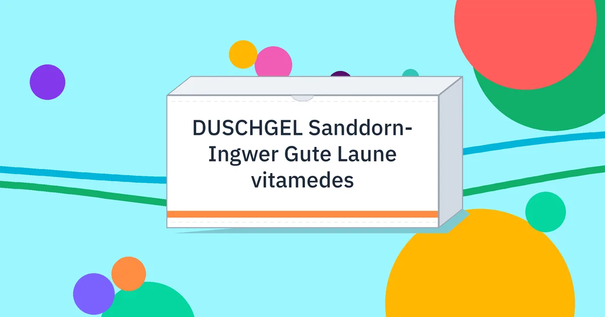 Symbolbild: Packung mit der Aufschrift DUSCHGEL Sanddorn-Ingwer Gute Laune vitamedes (PZN 19780064) – Verfügbarkeit und Bezug in Apotheken in Frankfurt am Main