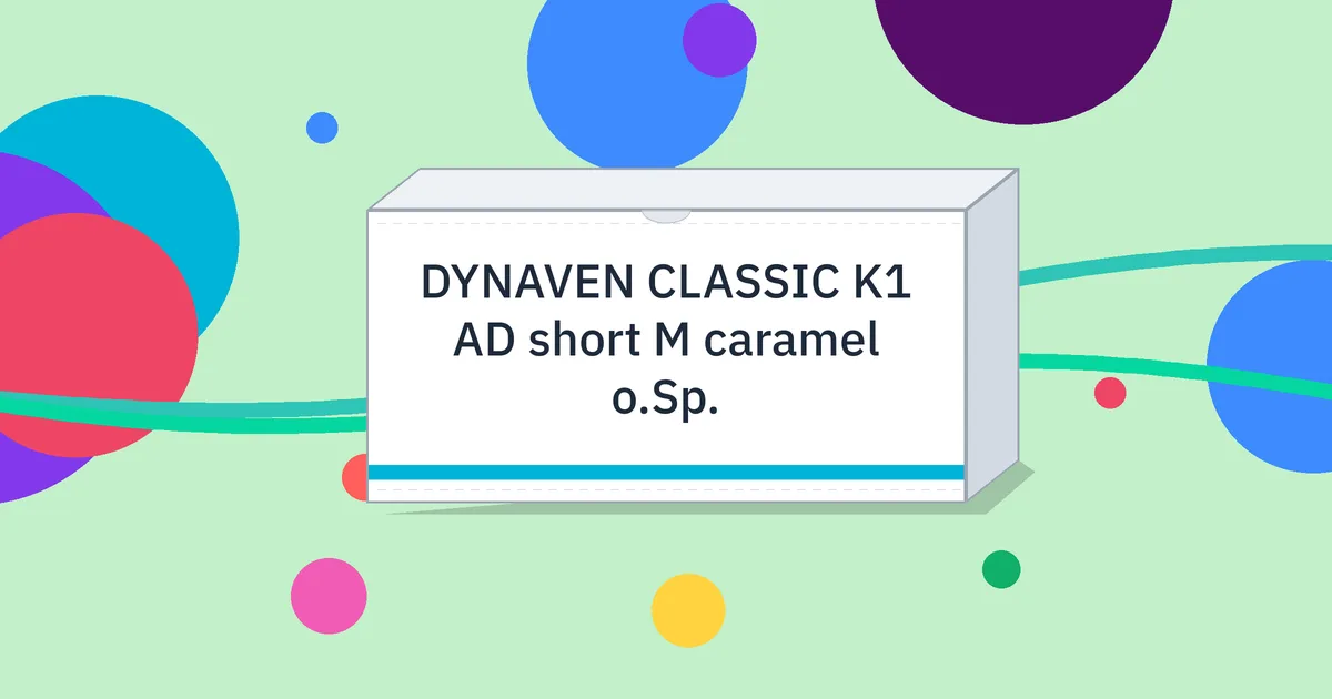Symbolbild: Packung mit der Aufschrift DYNAVEN CLASSIC K1 AD short M caramel o.Sp. (PZN 18414305) – Verfügbarkeit und Bezug in Apotheken in Frankfurt am Main