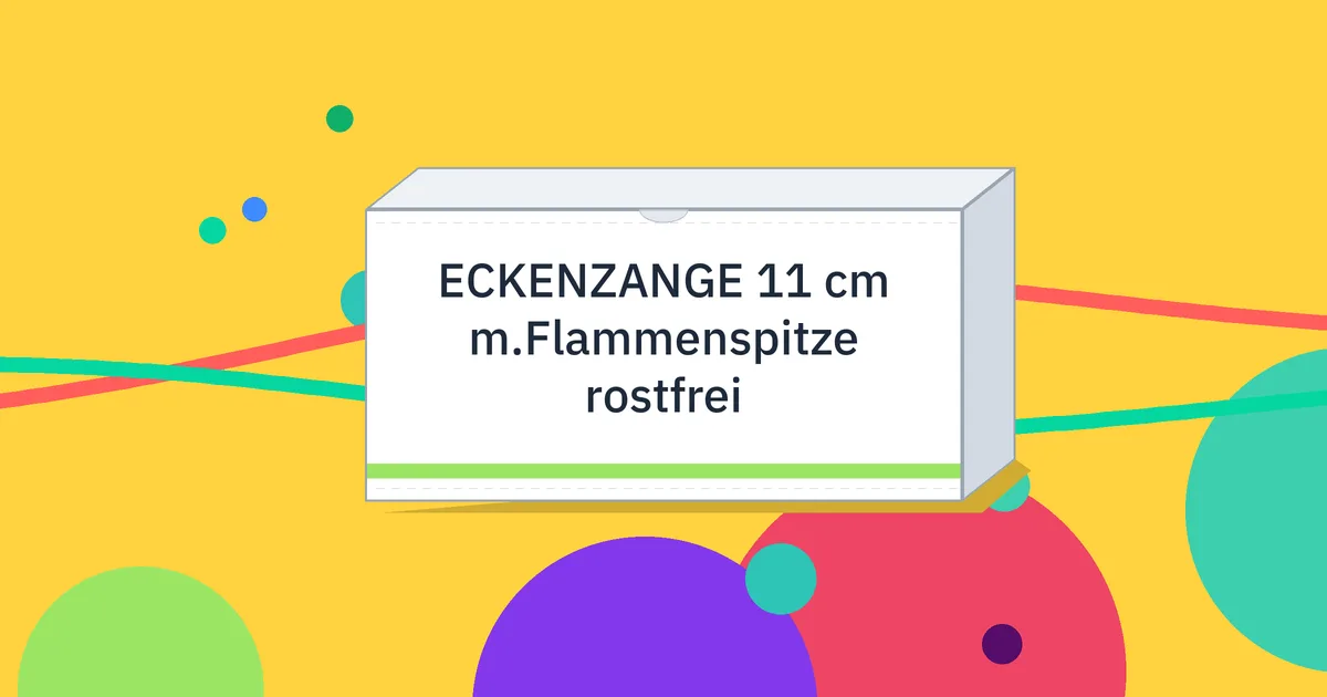 Symbolbild: Packung mit der Aufschrift ECKENZANGE 11 cm m.Flammenspitze rostfrei (PZN 17288146) – Verfügbarkeit und Bezug in Apotheken in Frankfurt am Main
