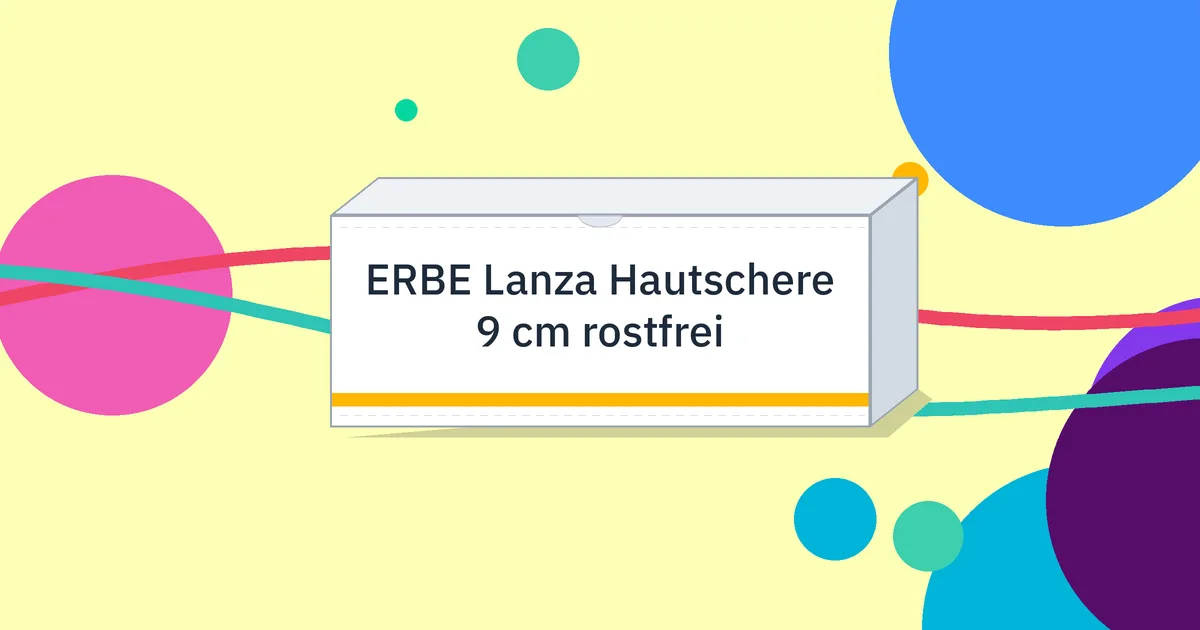 Symbolbild: Packung mit der Aufschrift ERBE Lanza Hautschere 9 cm rostfrei (PZN 20052849) – Verfügbarkeit und Bezug in Apotheken in Frankfurt am Main