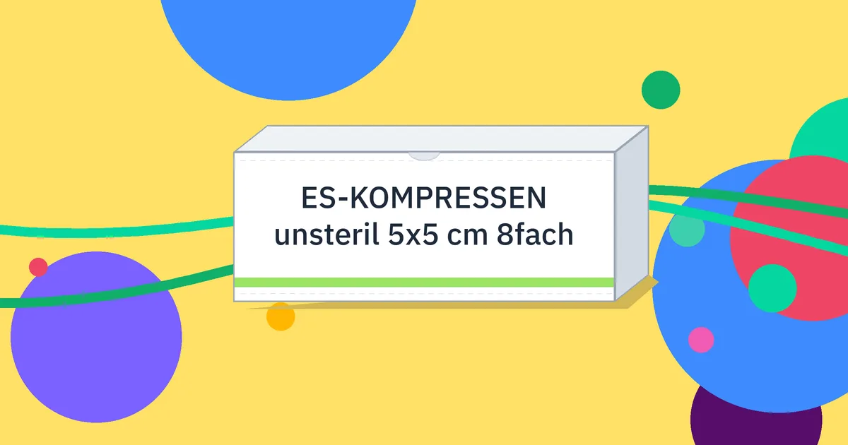 Symbolbild: Packung mit der Aufschrift ES-KOMPRESSEN unsteril 5x5 cm 8fach (PZN 01447157) – Verfügbarkeit und Bezug in Apotheken in Frankfurt am Main