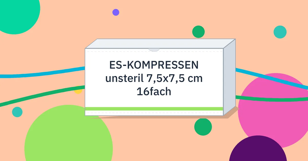 Symbolbild: Packung mit der Aufschrift ES-KOMPRESSEN unsteril 7,5x7,5 cm 16fach (PZN 19700378) – Verfügbarkeit und Bezug in Apotheken in Frankfurt am Main