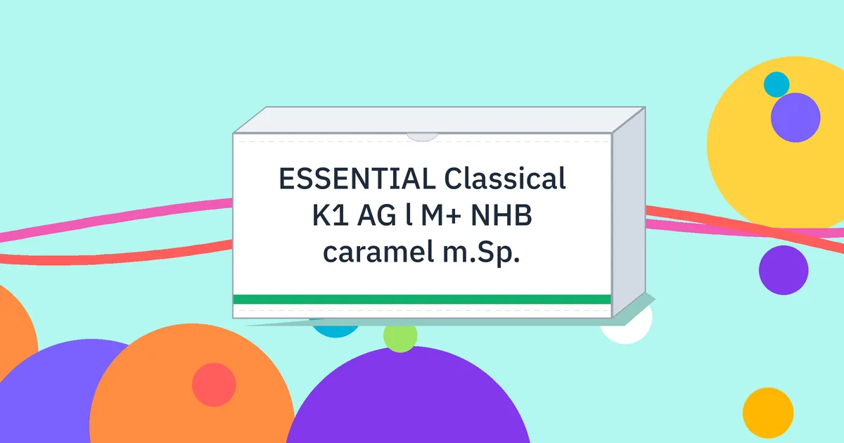 Symbolbild: Packung mit der Aufschrift ESSENTIAL Classical K1 AG l M+ NHB caramel m.Sp. (PZN 17009896) – Verfügbarkeit und Bezug in Apotheken in Frankfurt am Main