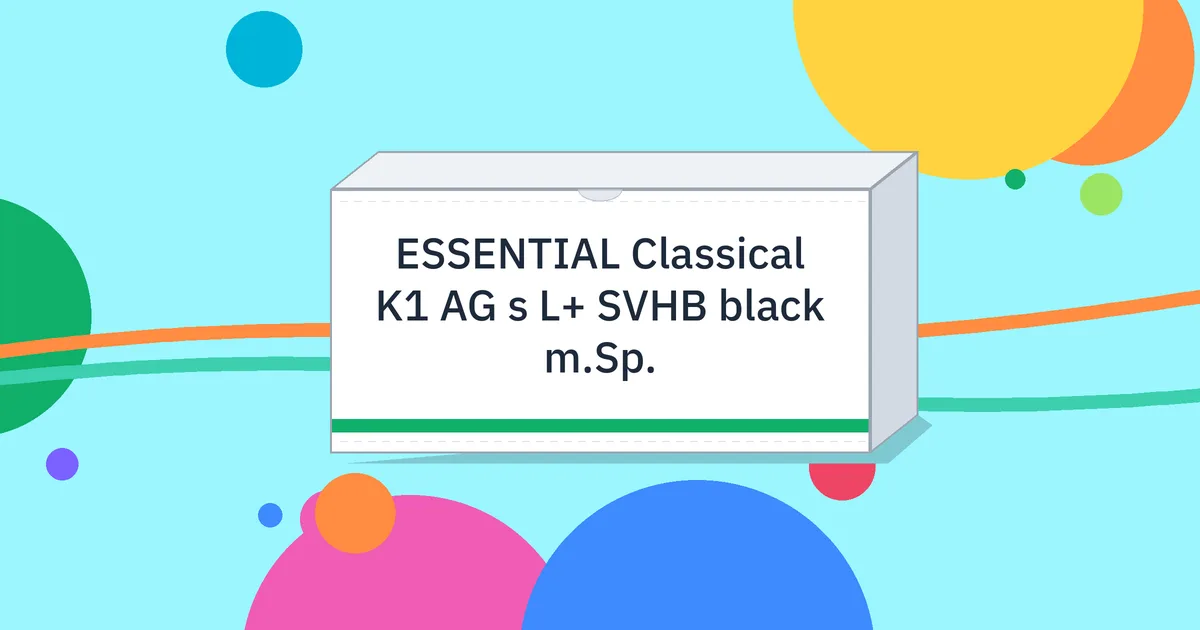 Symbolbild: Packung mit der Aufschrift ESSENTIAL Classical K1 AG s L+ SVHB black m.Sp. (PZN 18421185) – Verfügbarkeit und Bezug in Apotheken in Frankfurt am Main
