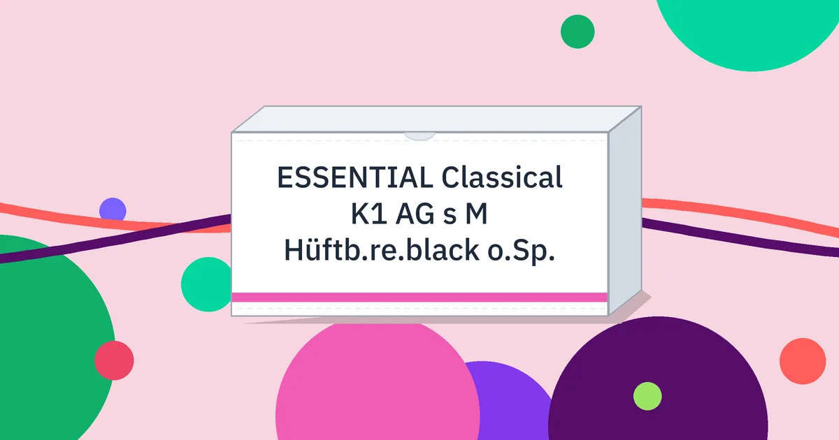 Symbolbild: Packung mit der Aufschrift ESSENTIAL Classical K1 AG s M Hüftb.re.black o.Sp. (PZN 17013449) – Verfügbarkeit und Bezug in Apotheken in Frankfurt am Main