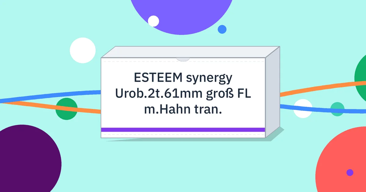 Symbolbild: Packung mit der Aufschrift ESTEEM synergy Urob.2t.61mm groß FL m.Hahn tran. (PZN 02198006) – Verfügbarkeit und Bezug in Apotheken in Frankfurt am Main