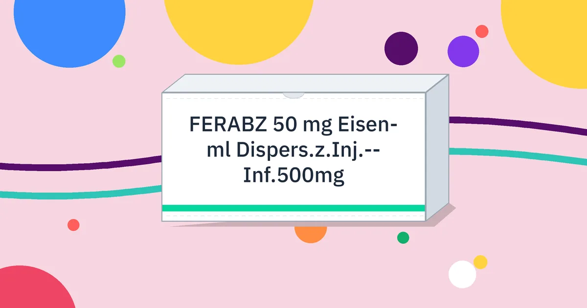Symbolbild: Packung mit der Aufschrift FERABZ 50 mg Eisen-ml Dispers.z.Inj.--Inf.500mg (PZN 19128524) – Verfügbarkeit und Bezug in Apotheken in Frankfurt am Main