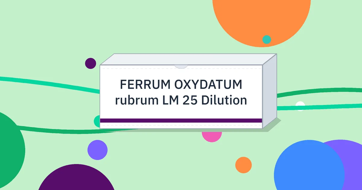 Symbolbild: Packung mit der Aufschrift FERRUM OXYDATUM rubrum LM 25 Dilution (PZN 12851832) – Verfügbarkeit und Bezug in Apotheken in Frankfurt am Main