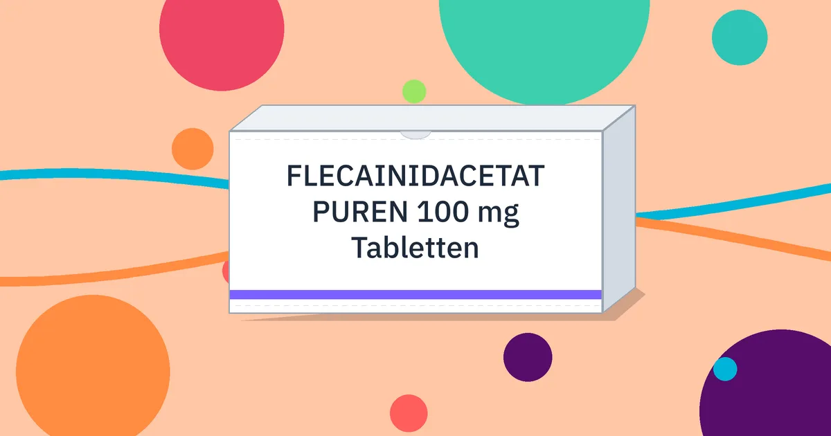 Symbolbild: Packung mit der Aufschrift FLECAINIDACETAT PUREN 100 mg Tabletten (PZN 13250017) – Verfügbarkeit und Bezug in Apotheken in Frankfurt am Main