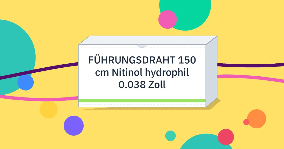 Symbolbild: Packung mit der Aufschrift FÜHRUNGSDRAHT 150 cm Nitinol hydrophil 0.038 Zoll (PZN 12424857) – Verfügbarkeit und Bezug in Apotheken in Frankfurt am Main