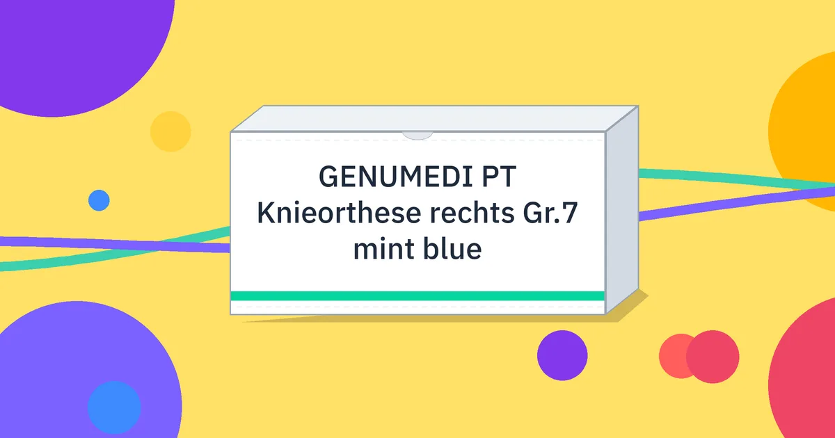 Symbolbild: Packung mit der Aufschrift GENUMEDI PT Knieorthese rechts Gr.7 mint blue (PZN 17982639) – Verfügbarkeit und Bezug in Apotheken in Frankfurt am Main