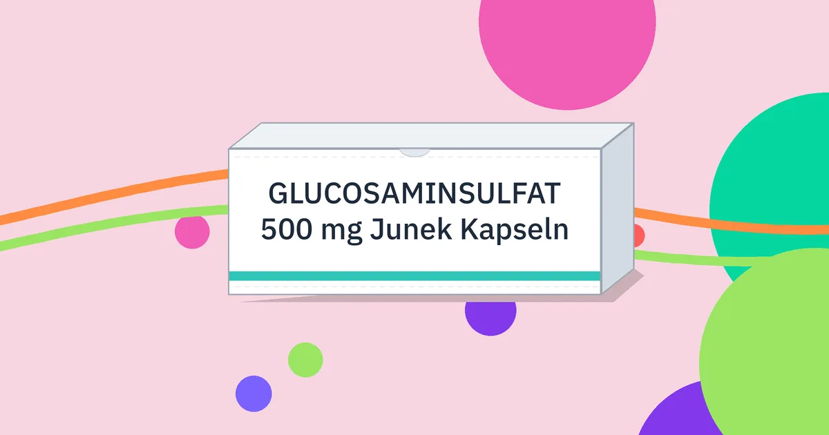 Symbolbild: Packung mit der Aufschrift GLUCOSAMINSULFAT 500 mg Junek Kapseln (PZN 01034283) – Verfügbarkeit und Bezug in Apotheken in Frankfurt am Main