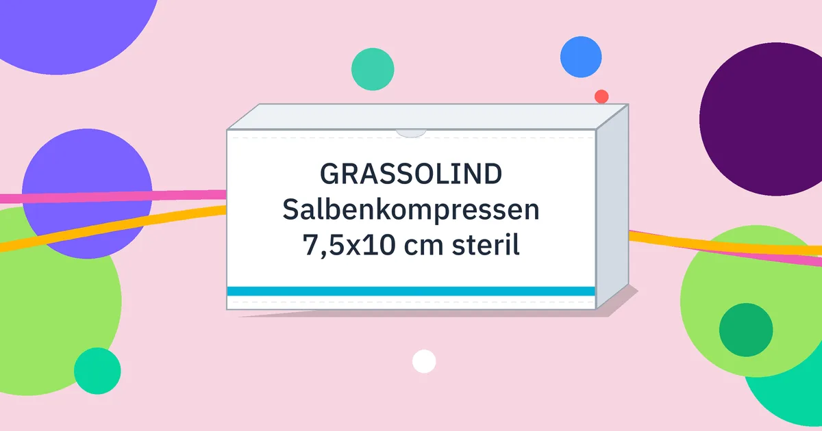 Symbolbild: Packung mit der Aufschrift GRASSOLIND Salbenkompressen 7,5x10 cm steril (PZN 15403778) – Verfügbarkeit und Bezug in Apotheken in Frankfurt am Main