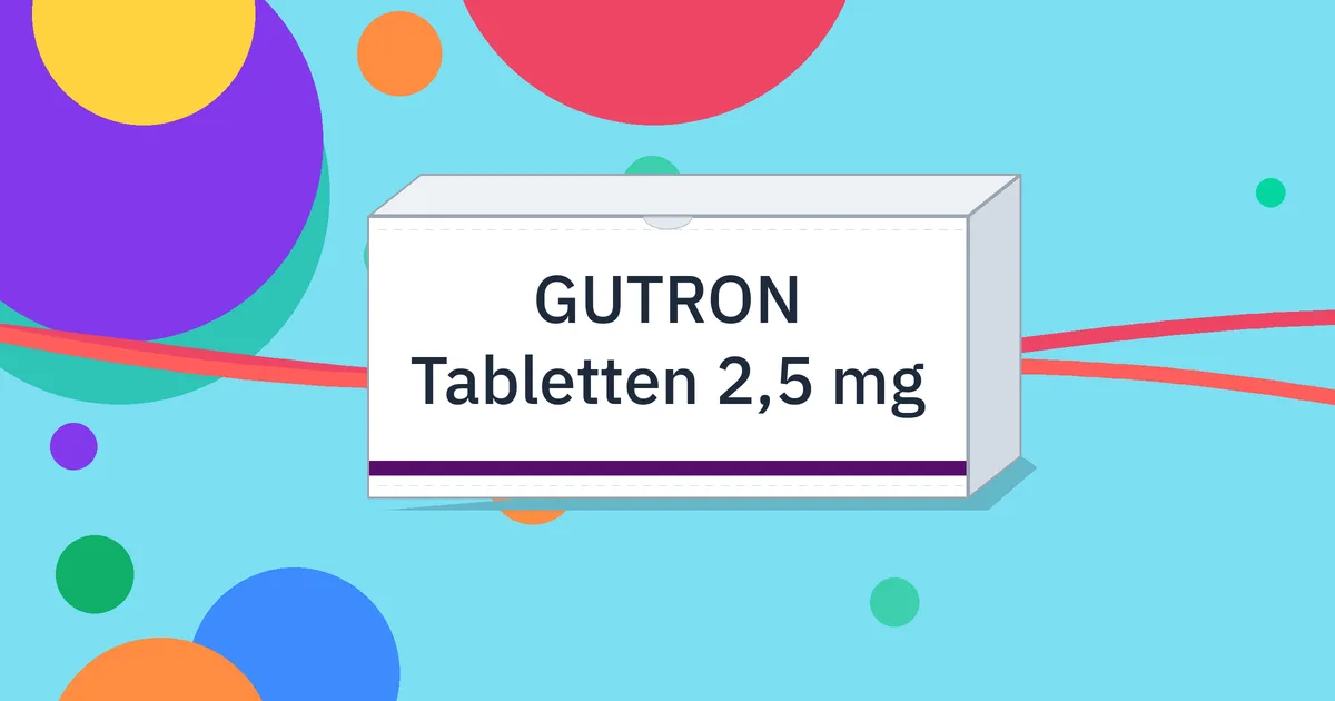 Symbolbild: Packung mit der Aufschrift GUTRON Tabletten 2,5 mg (PZN 08537113) – Verfügbarkeit und Bezug in Apotheken in Frankfurt am Main