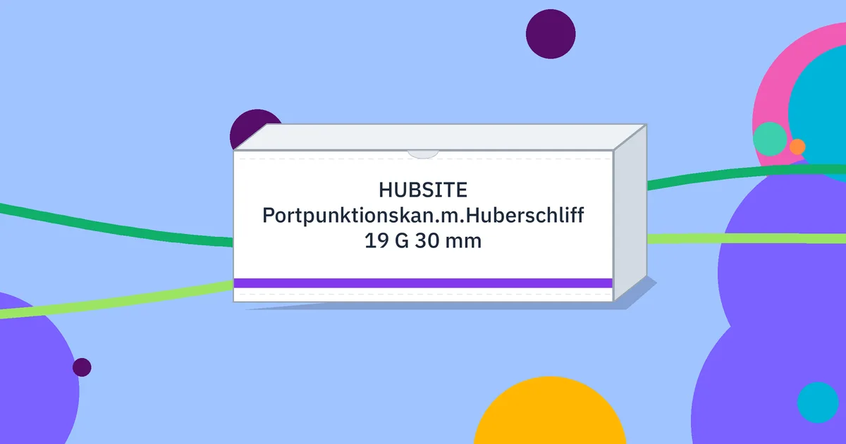 Symbolbild: Packung mit der Aufschrift HUBSITE Portpunktionskan.m.Huberschliff 19 G 30 mm (PZN 14322078) – Verfügbarkeit und Bezug in Apotheken in Frankfurt am Main