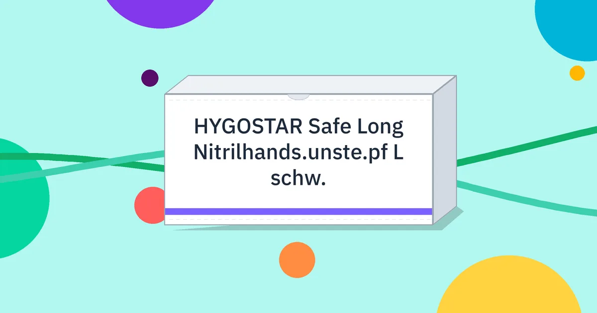 Symbolbild: Packung mit der Aufschrift HYGOSTAR Safe Long Nitrilhands.unste.pf L schw. (PZN 20773715) – Verfügbarkeit und Bezug in Apotheken in Frankfurt am Main